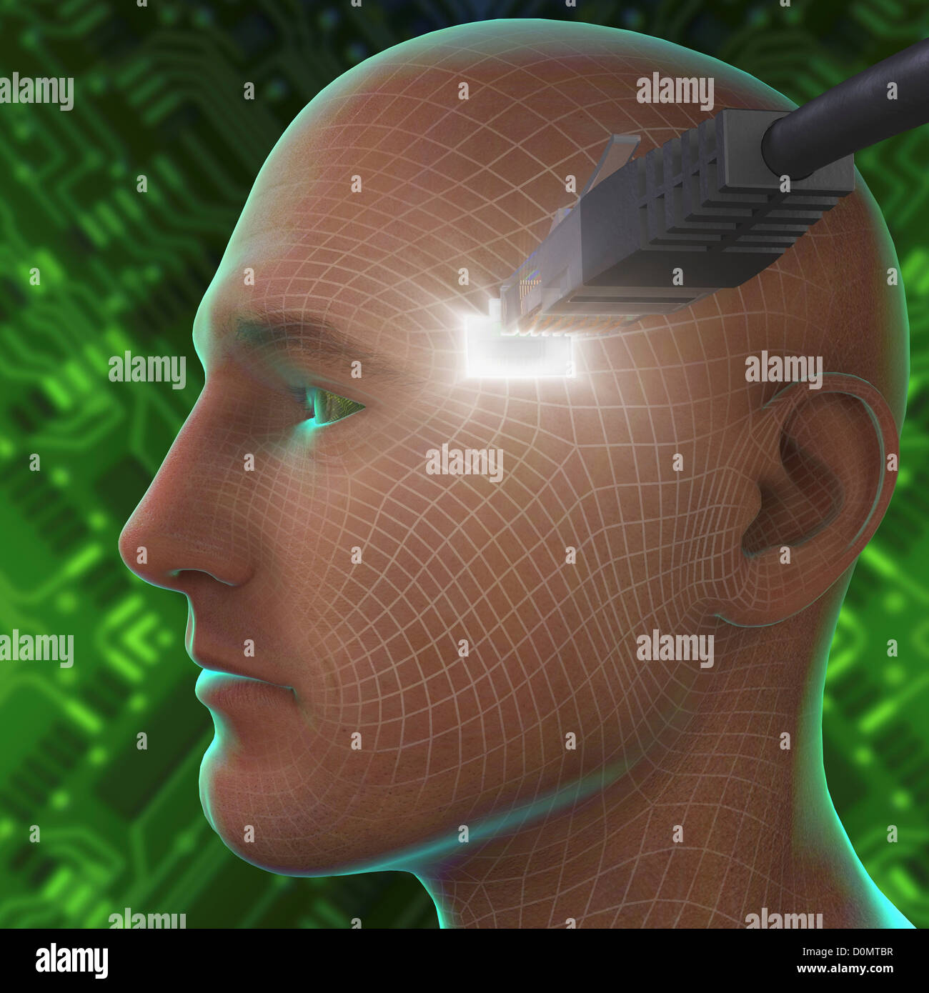 Diagram showing a LAN cable entering a socket on the side of a human ...