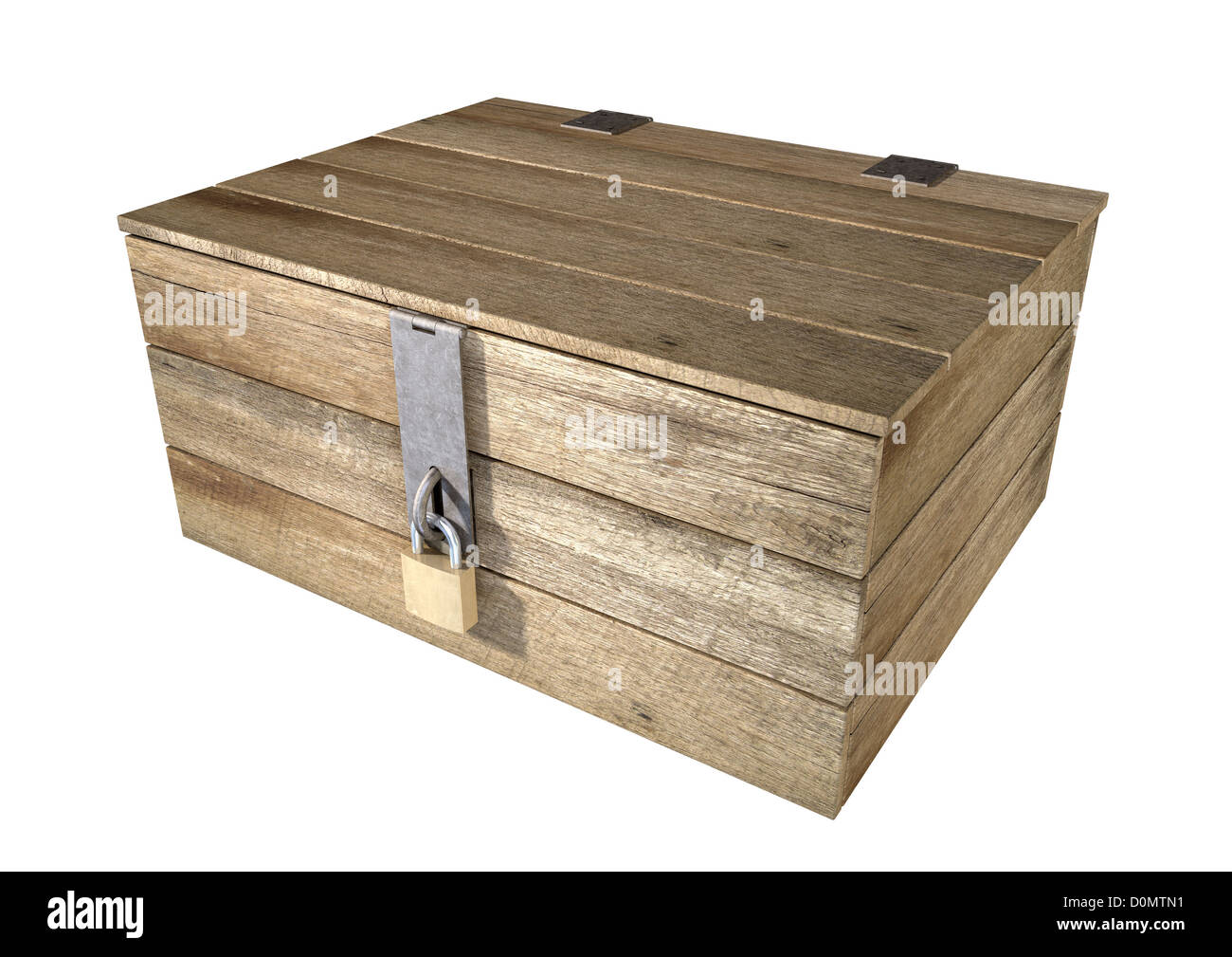 A rough wooden planked box with a lid on hinges locked by a brass ...
