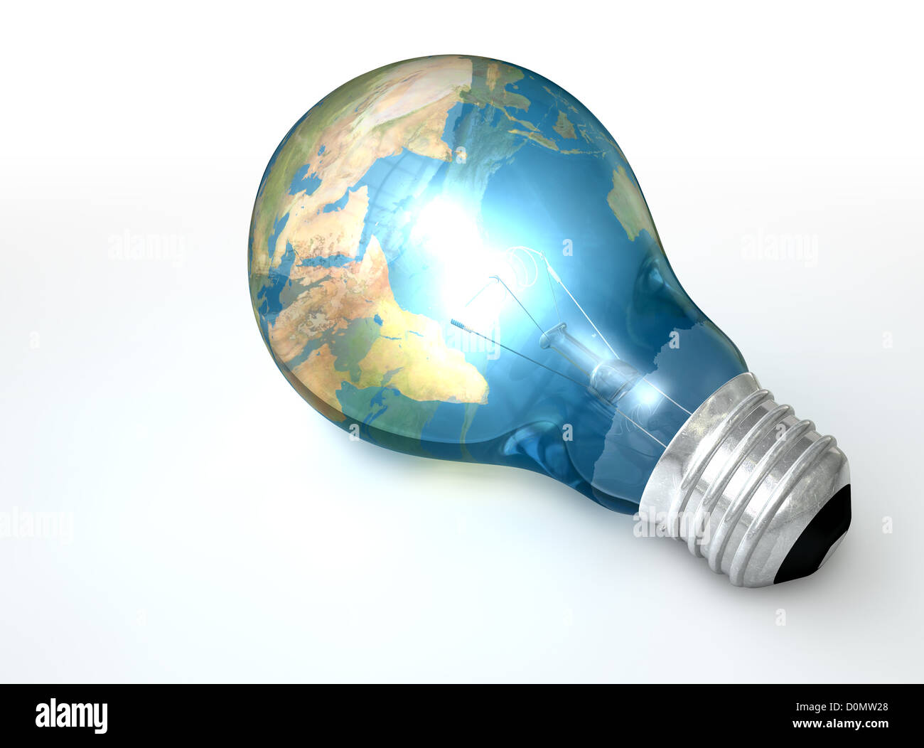 A regular lit light bulb with the glass wrapped in a world map showing ...