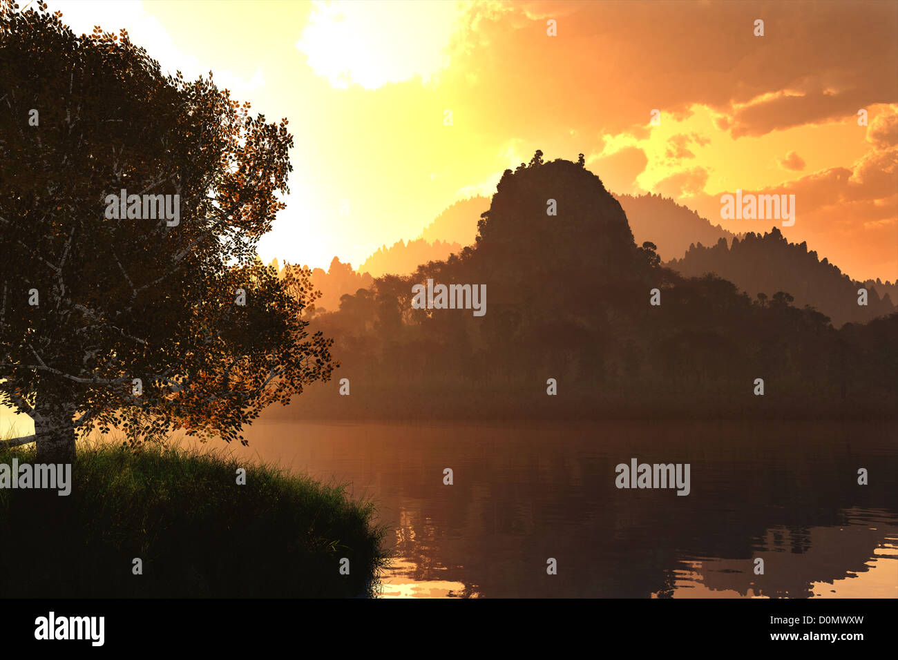 Beauty landscape sunset sunrise 3D render Stock Photo - Alamy