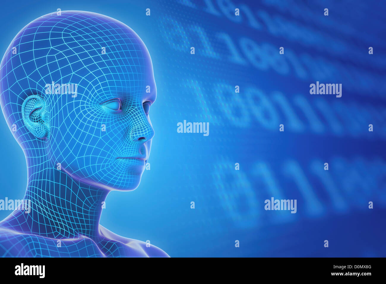 Wire frame model layered over a face to represent a digital human being ...