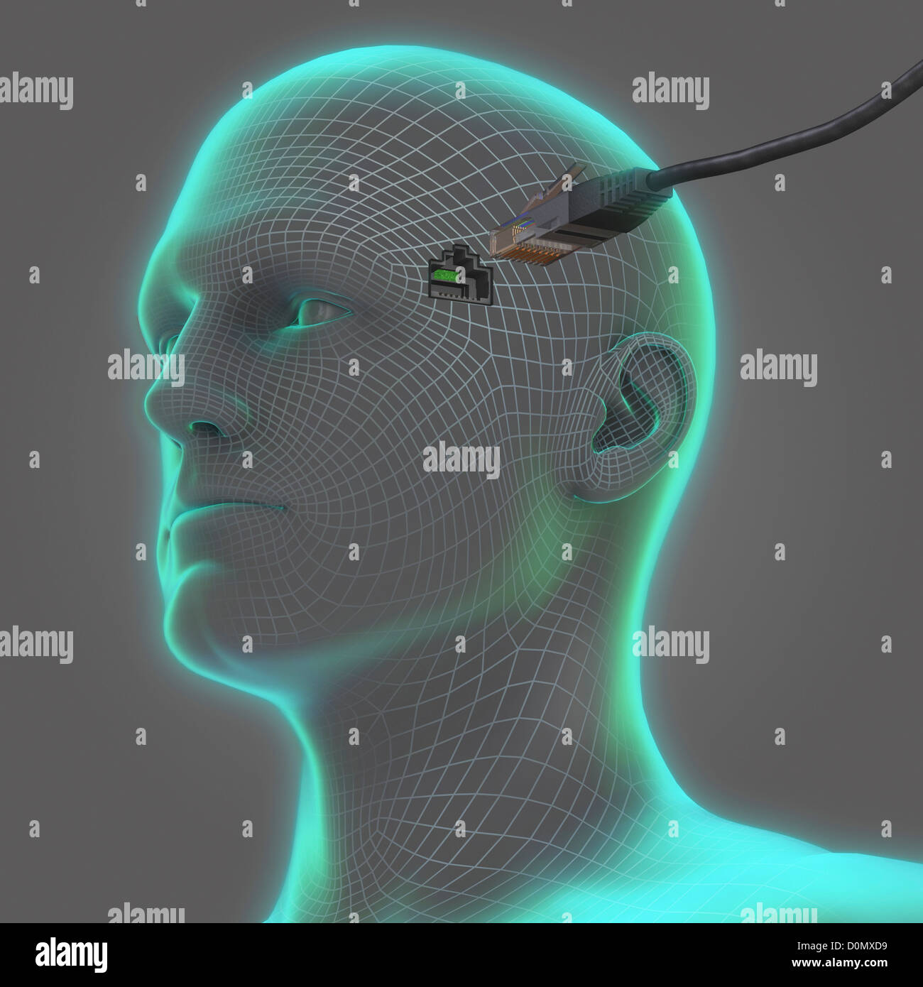 Diagram showing a LAN cable entering a socket on the side of a human ...