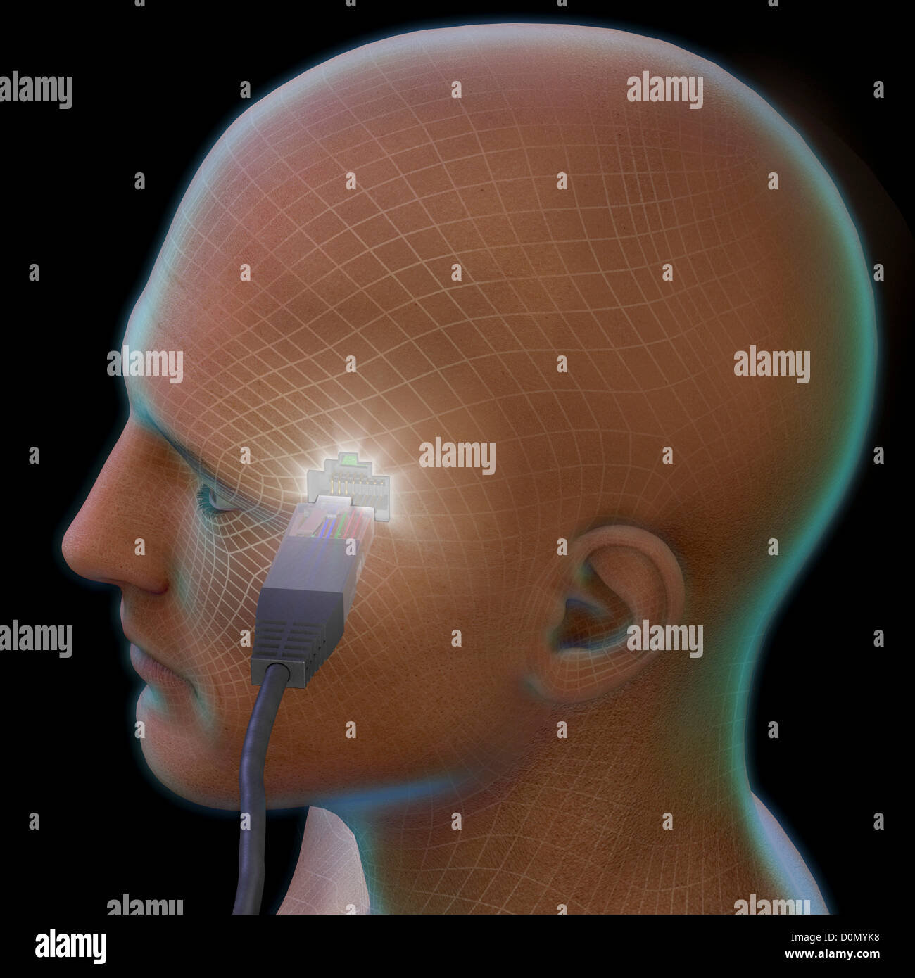 Diagram showing a LAN cable entering a socket on the side of a human ...