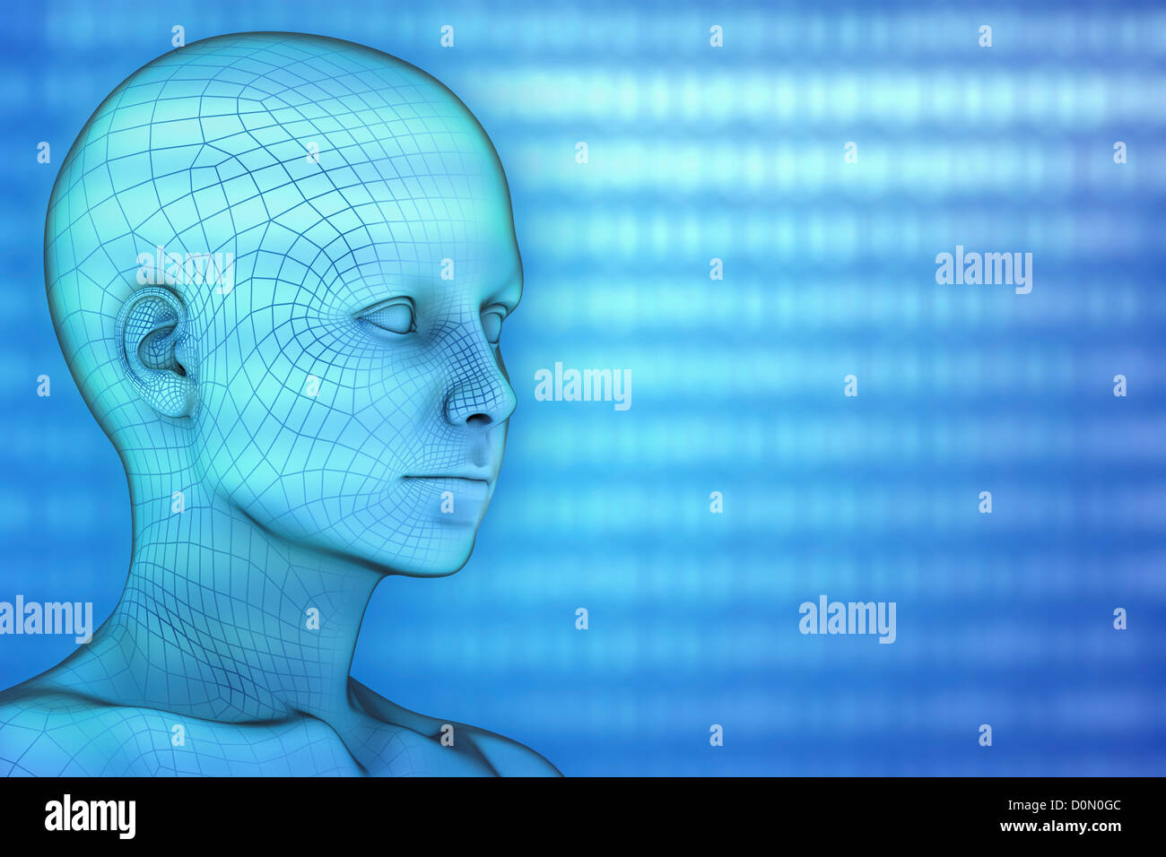 Wire frame model layered over a face to represent a digital human being ...