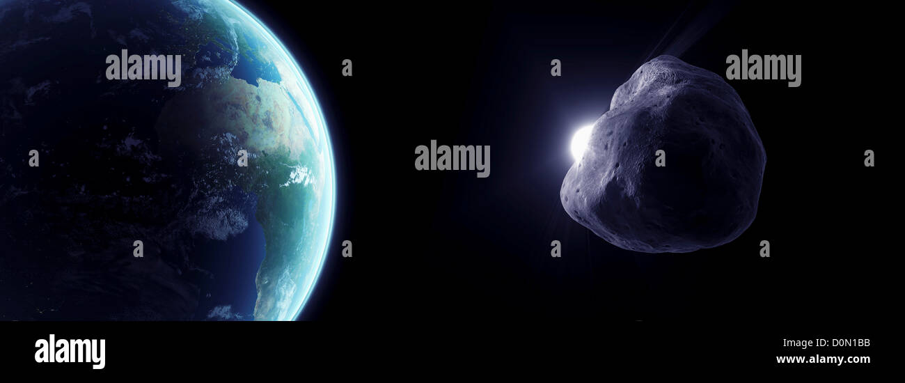 Large asteroid approaching planet earth Stock Photo - Alamy