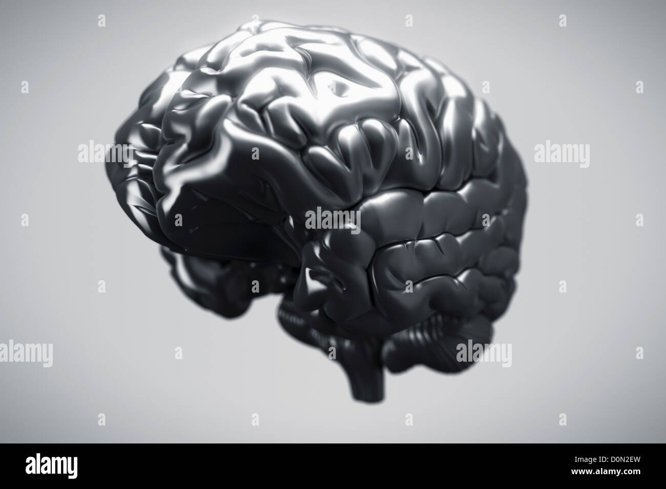 A three-quarter view of a metallic brain. The cerebral hemispheres ...
