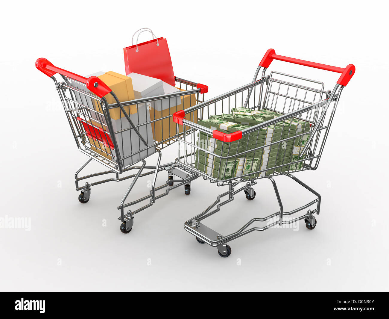 Consumerism. Purchase of goods for money. Shopping cart with boxes and ...