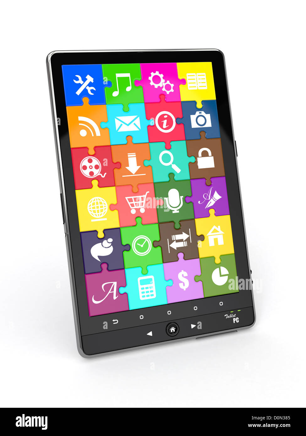Tablet pc software. Screen from puzzle with icons. 3d Stock Photo - Alamy