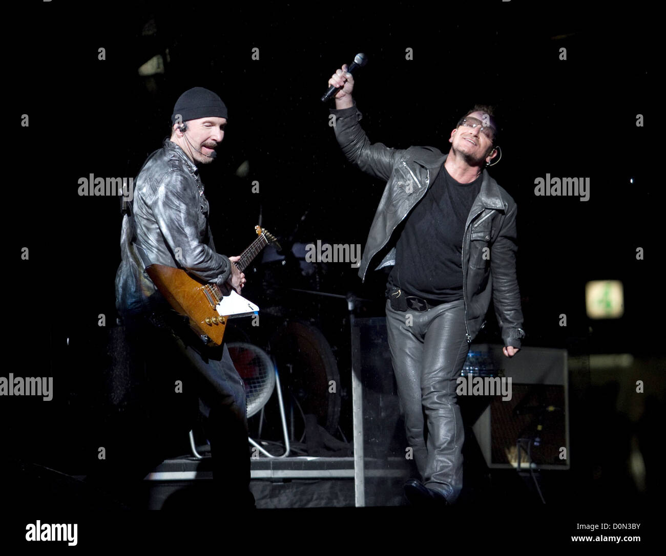 The Edge and Bono U2 performing live in concert at Luzhniki Stadium as ...