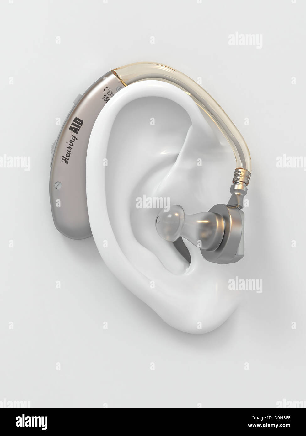 Hearing aid on white ear. Three-dimensional image. 3d Stock Photo - Alamy