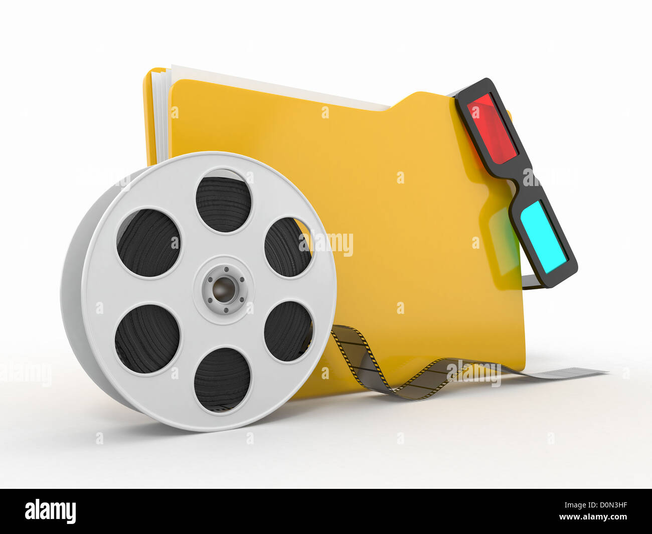 Multimedia folder. Film reel and 3d glasses on white background Stock ...