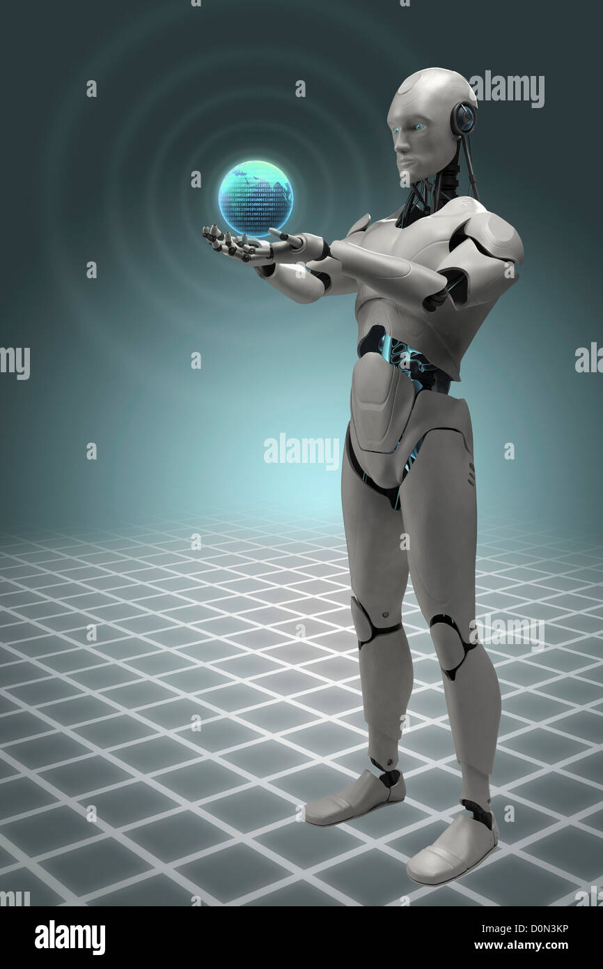 A male android stands holding a floating globe on a wireframe platform ...
