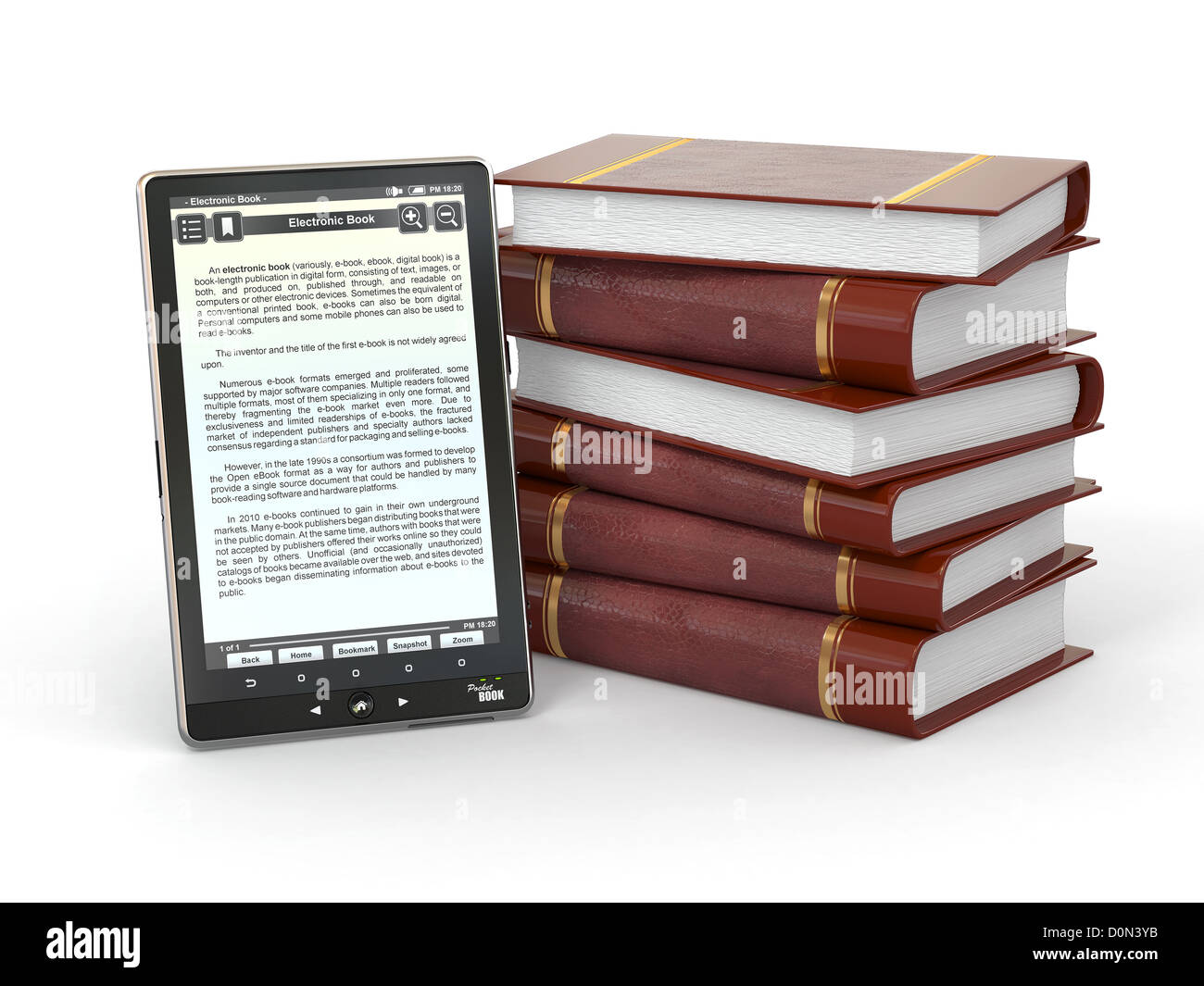 E-book reader and stack of books on white background. 3d Stock Photo ...