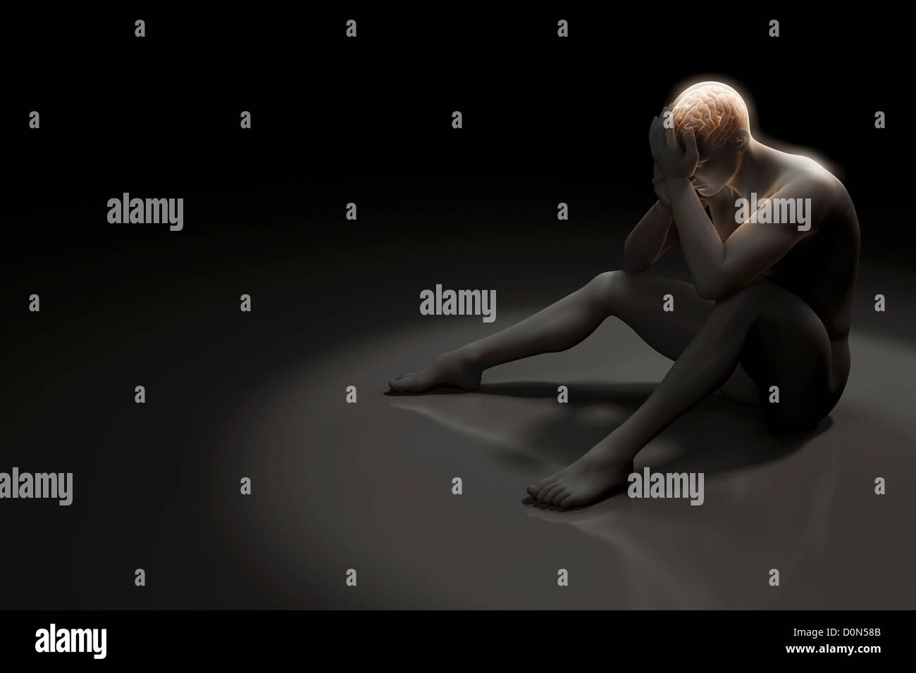 A sitting male figure with the brain visible to represent the ...
