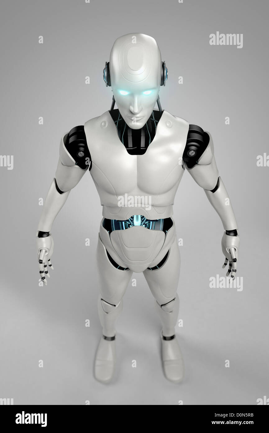 A male android standing against a gray backdrop Stock Photo - Alamy
