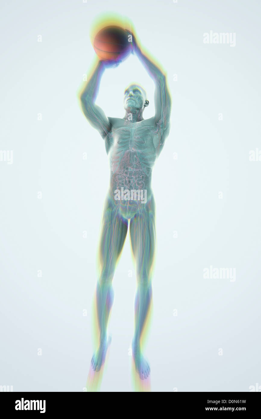 Male figure jumping with a basketball about to take a shot. The ...