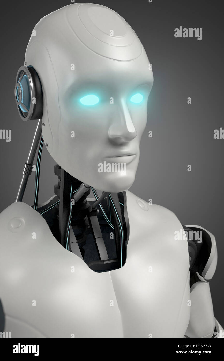 Front three-quarter view of an android head with glowing green eyes ...