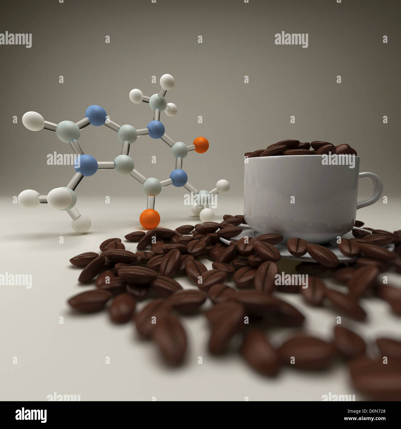 Caffeine molecular model next to a cup of coffee filled with coffee ...