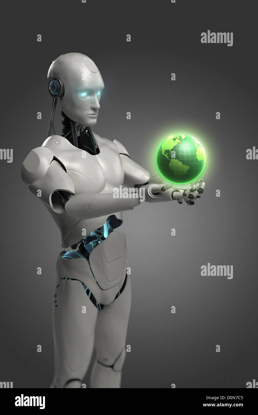 A male android stands holding a floating globe on a grey background ...