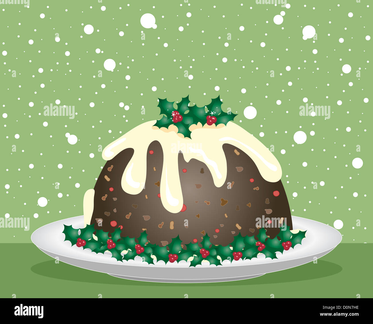 an illustration of a Christmas pudding with cream sauce and holly ...