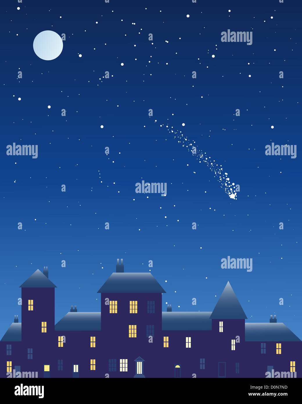 an illustration of an urban night scene with dark buildings lighted ...
