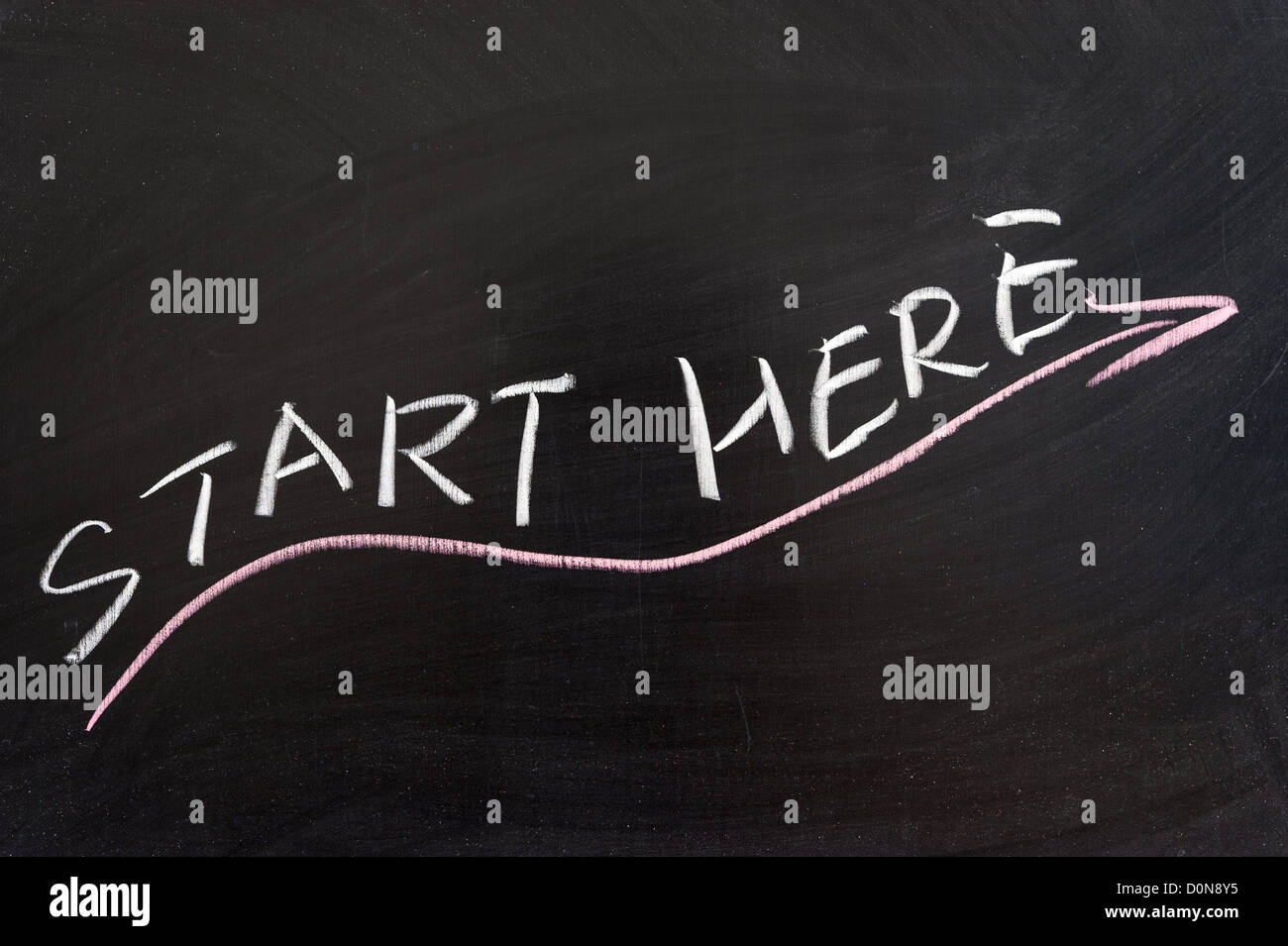 Start here words and arrow drawn on the chalkboard Stock Photo - Alamy
