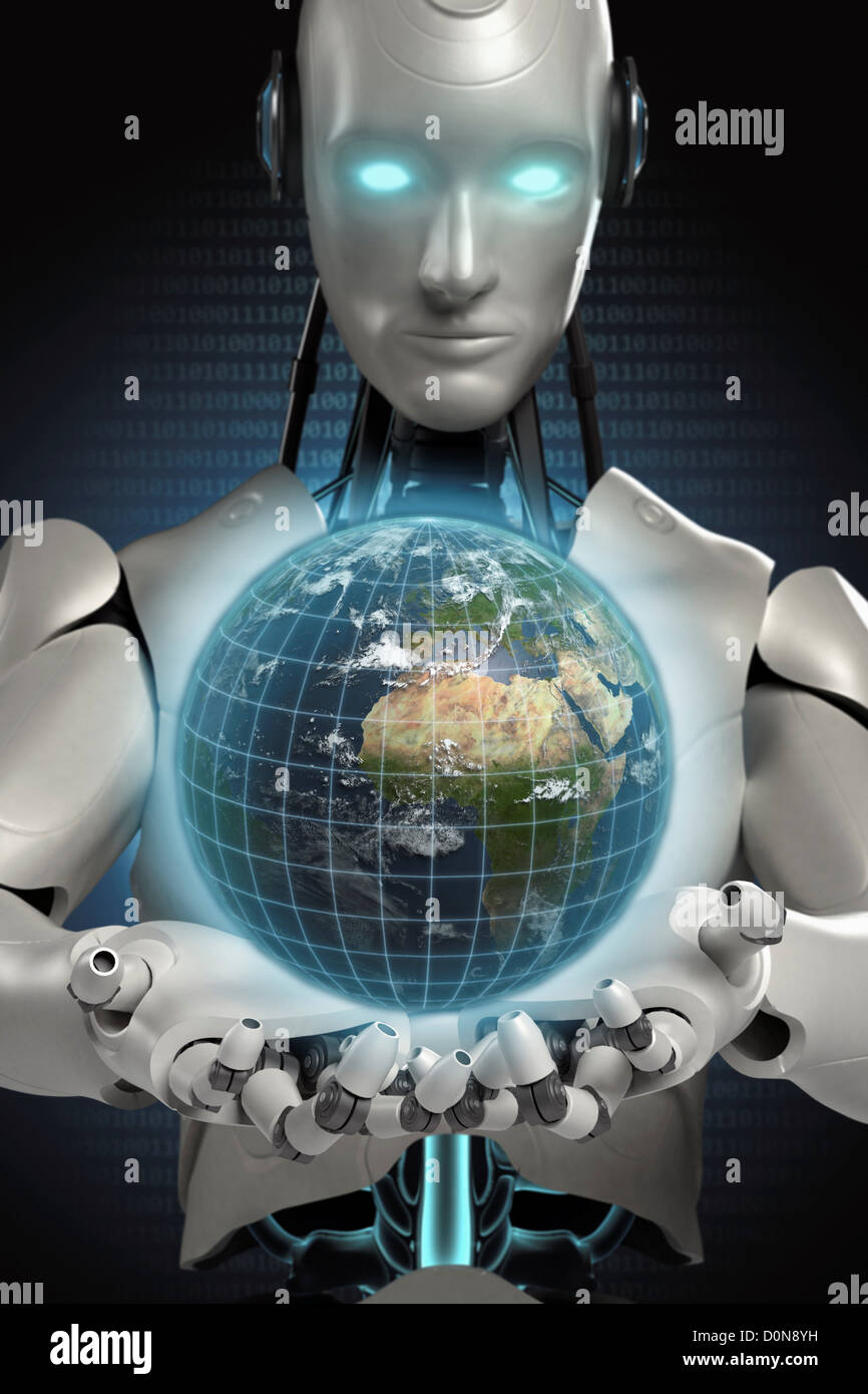 A male android stands holding a floating globe on a digital background ...