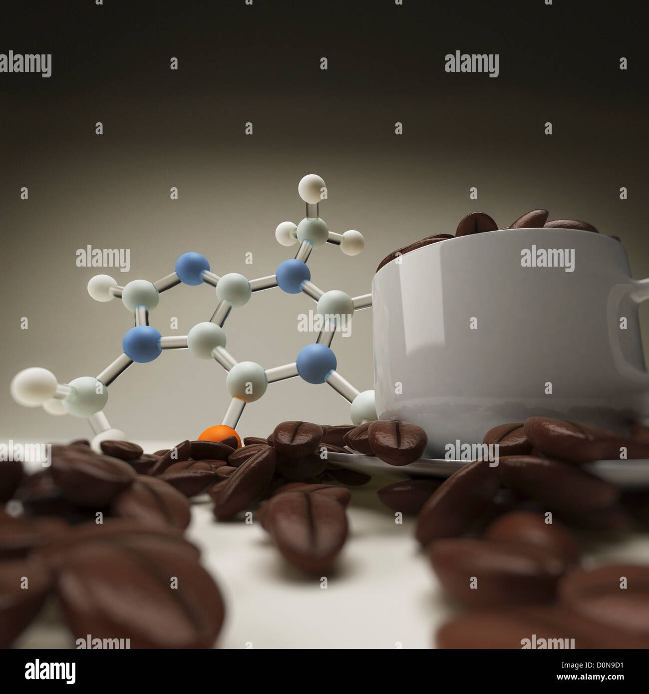 Caffeine molecular model next to a cup of coffee filled with coffee ...