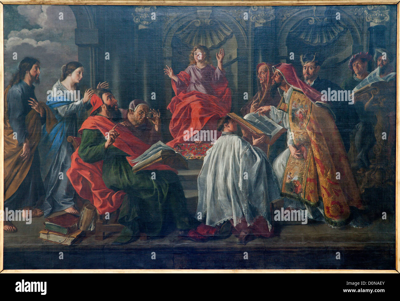 BRUSSELS - JUNE 21: Paint of scene as Jesus Christ at age 12 teaching ...