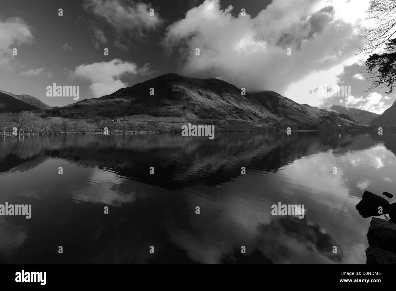 Black and White panoramic image Buttermere Fells, reflected in ...