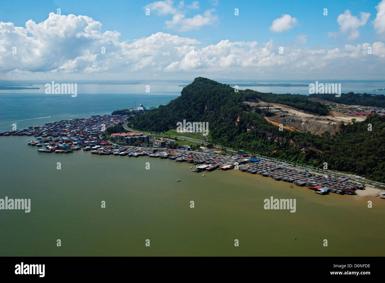 An aerial view of stilt houses by the seaside, Sandakan, Sabah ...