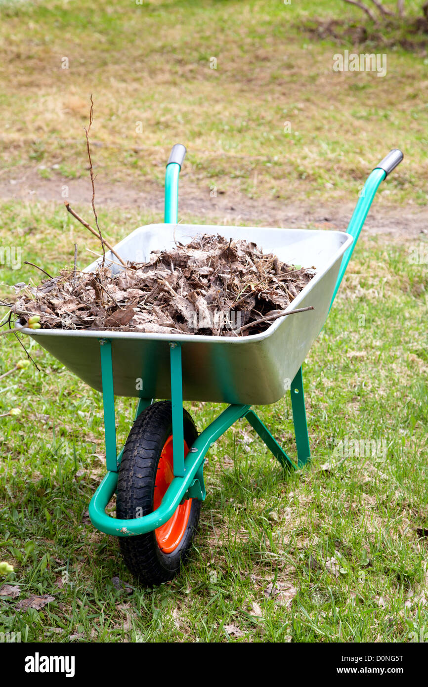 The garden cart with heap of dry leaves Stock Photo - Alamy
