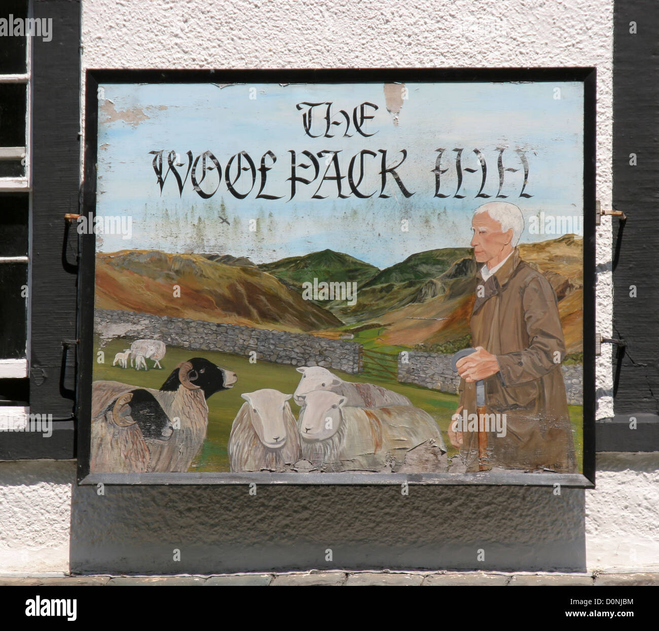 Woolpack Inn Sign with shepherd Hardknott Lake District Cumbria England ...
