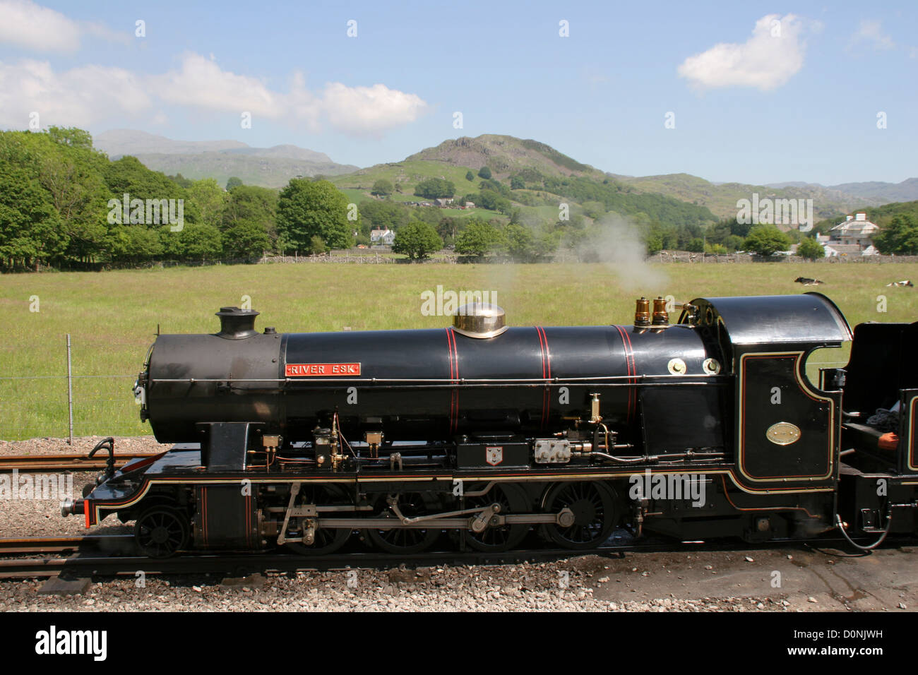 Ravenglass and Eskdale Railway locomotive River Esk Boot Lake District ...