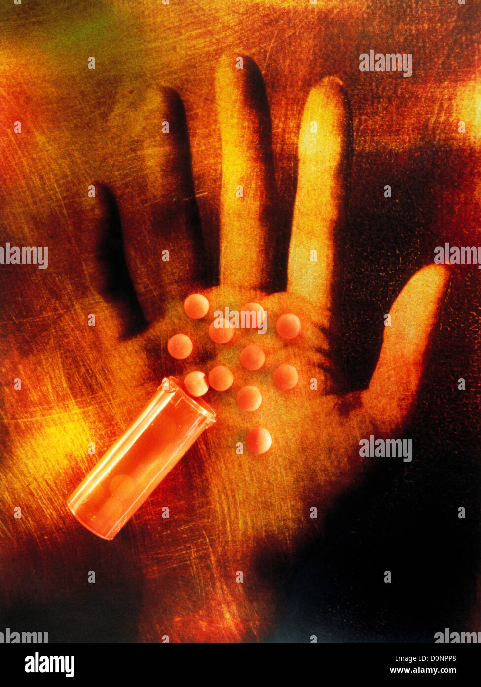 Human Hand With Pills and Pill Bottle in Palm of Hand Stock Photo - Alamy