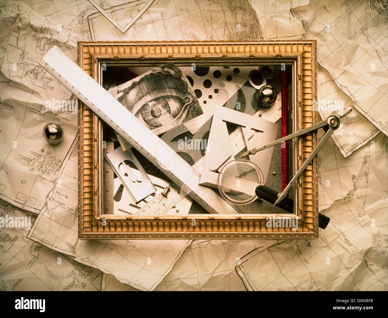 Engineering Montage in Frame with Maps, Rulers, and Compass Stock Photo ...