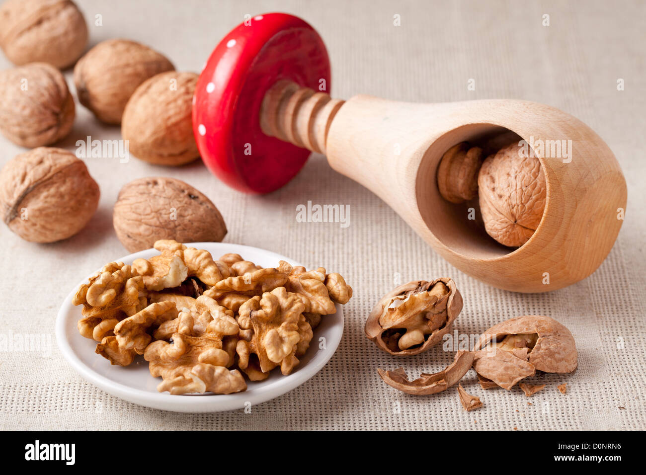 Cores of matured nuts in plate, brown Circassian walnuts, nutshell and ...