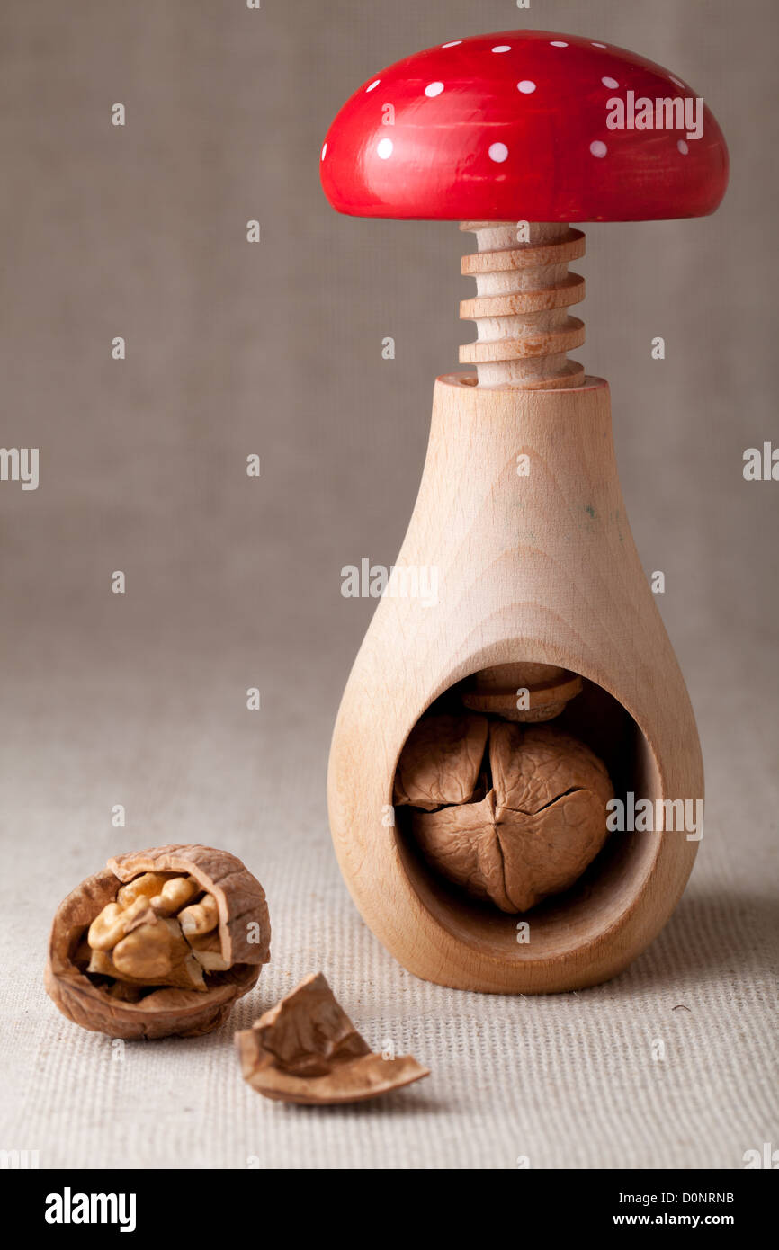 Cracked brown Circassian walnuts, nut core, shell, wooden handmade ...