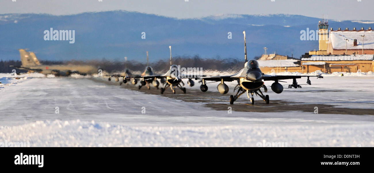F-16 Fighting Falcons taxi on flightline Eielson Air Force Base Alaska ...