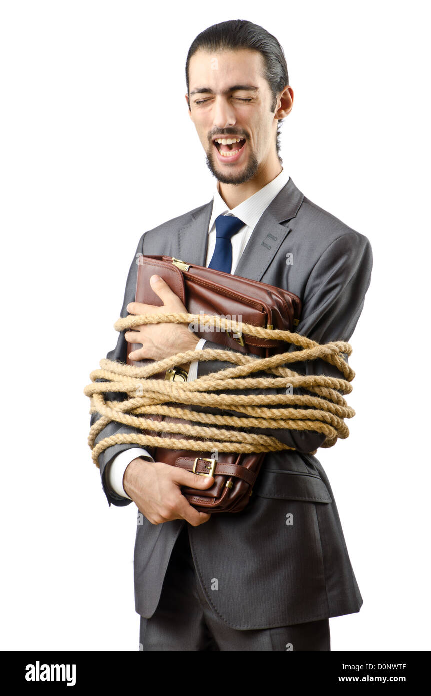 Businessman tied up on white Stock Photo - Alamy