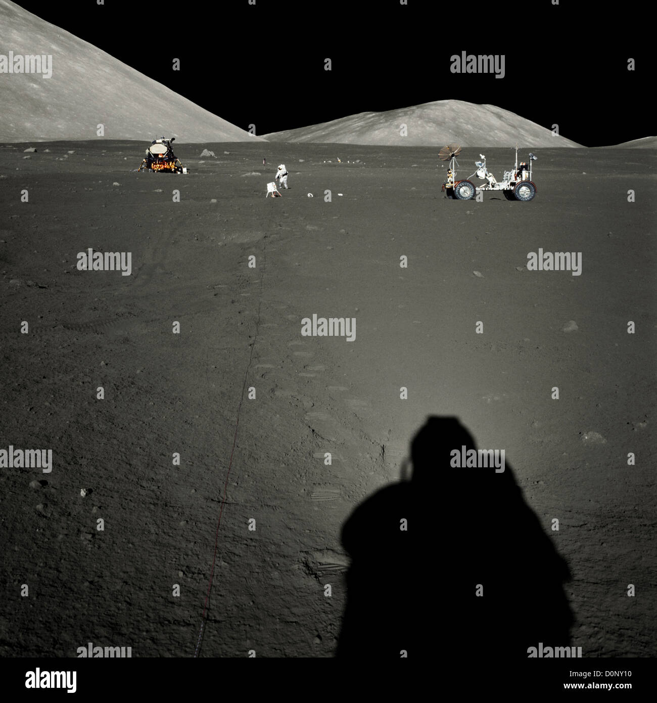 An Astronauts Shadow Reaches Towards Apollo 17 Base Camp Stock Photo ...