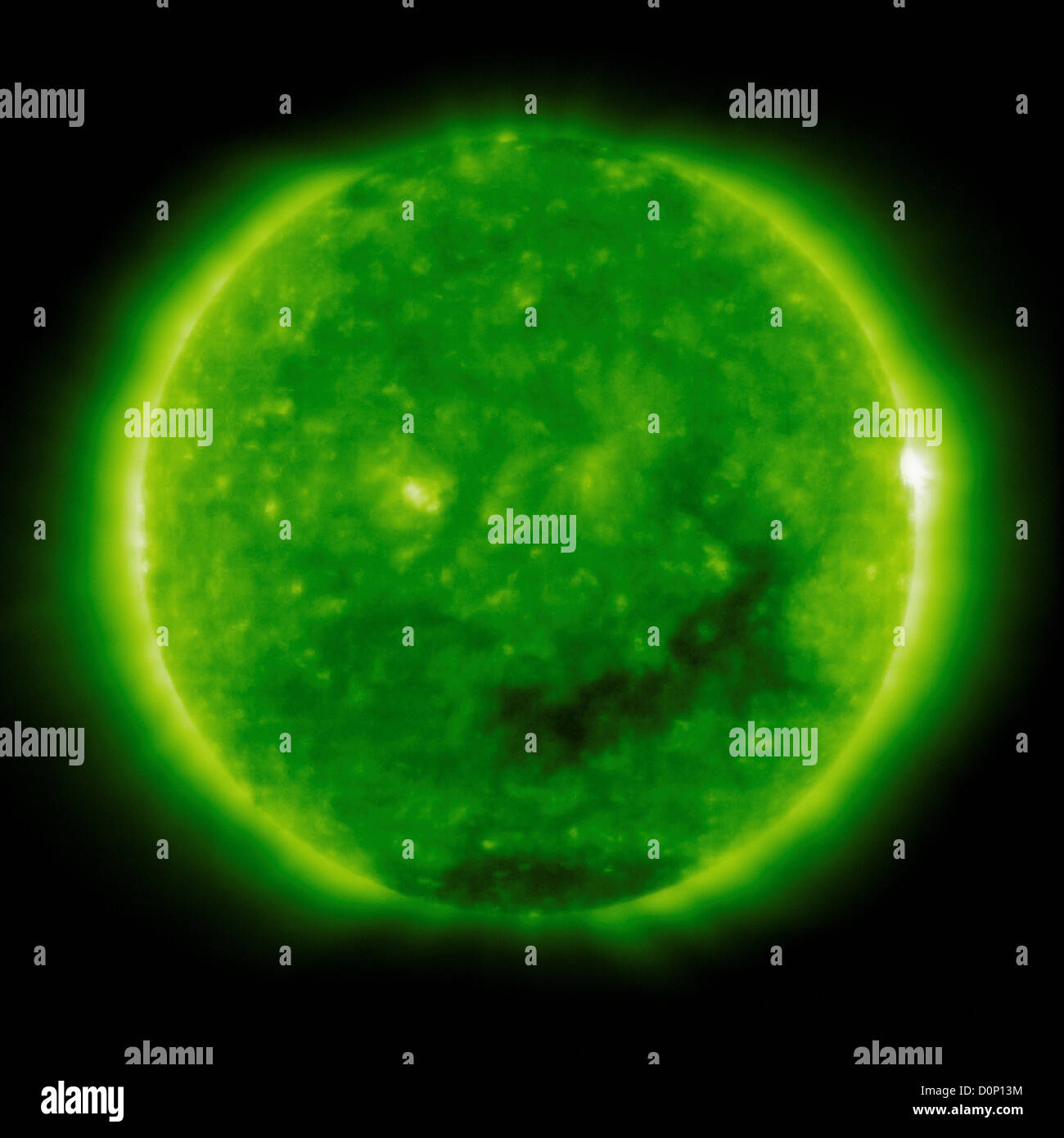 The dark coronal hole in Sun's lower region is 'open' magnetic area ...