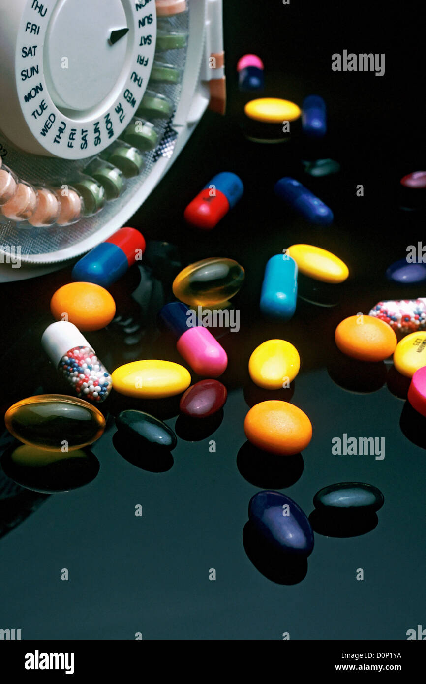 A collection of various prescription medications, including a birth ...