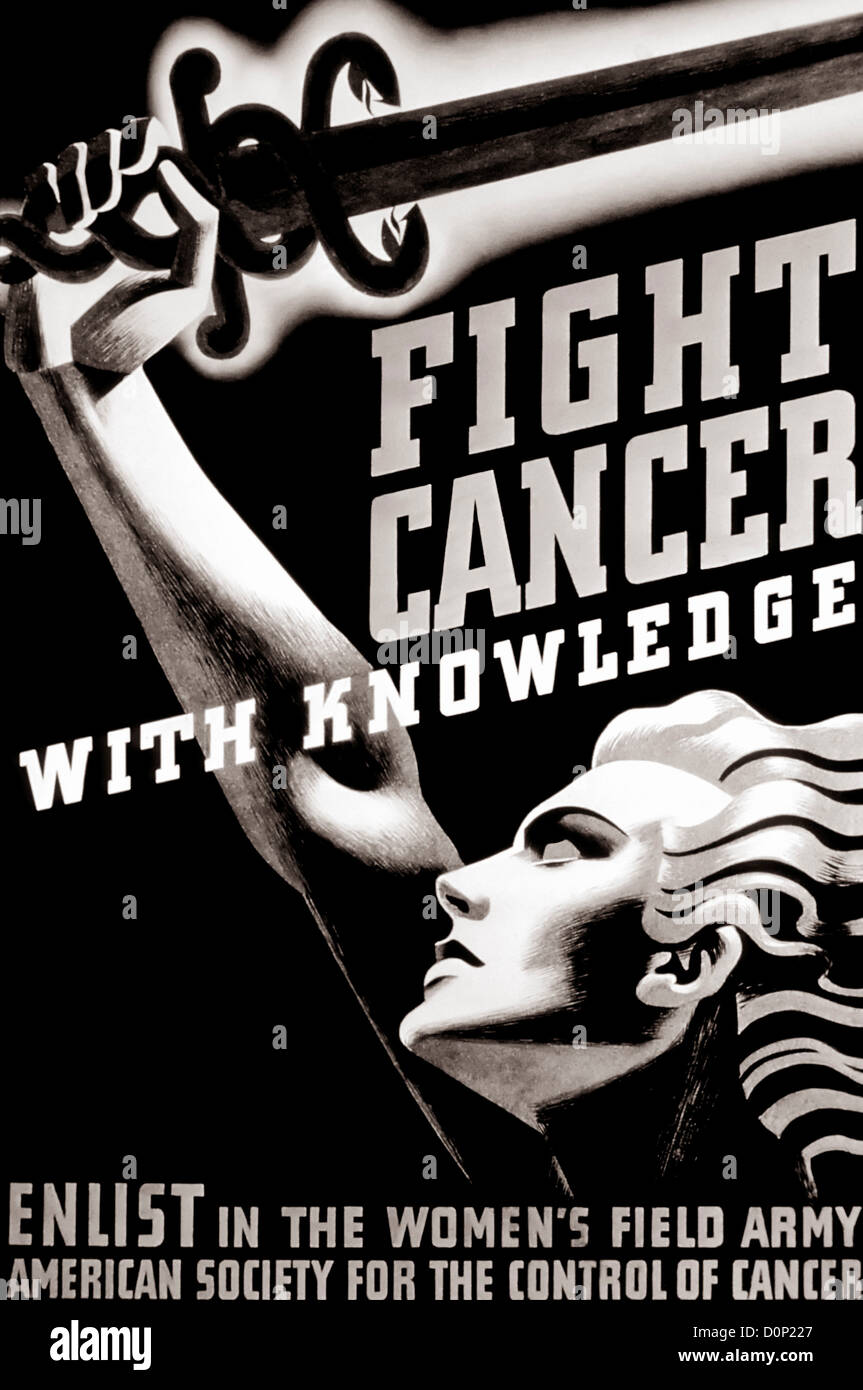 A poster proclaims 'Fight Cancer Knowledge' features stylized profile ...