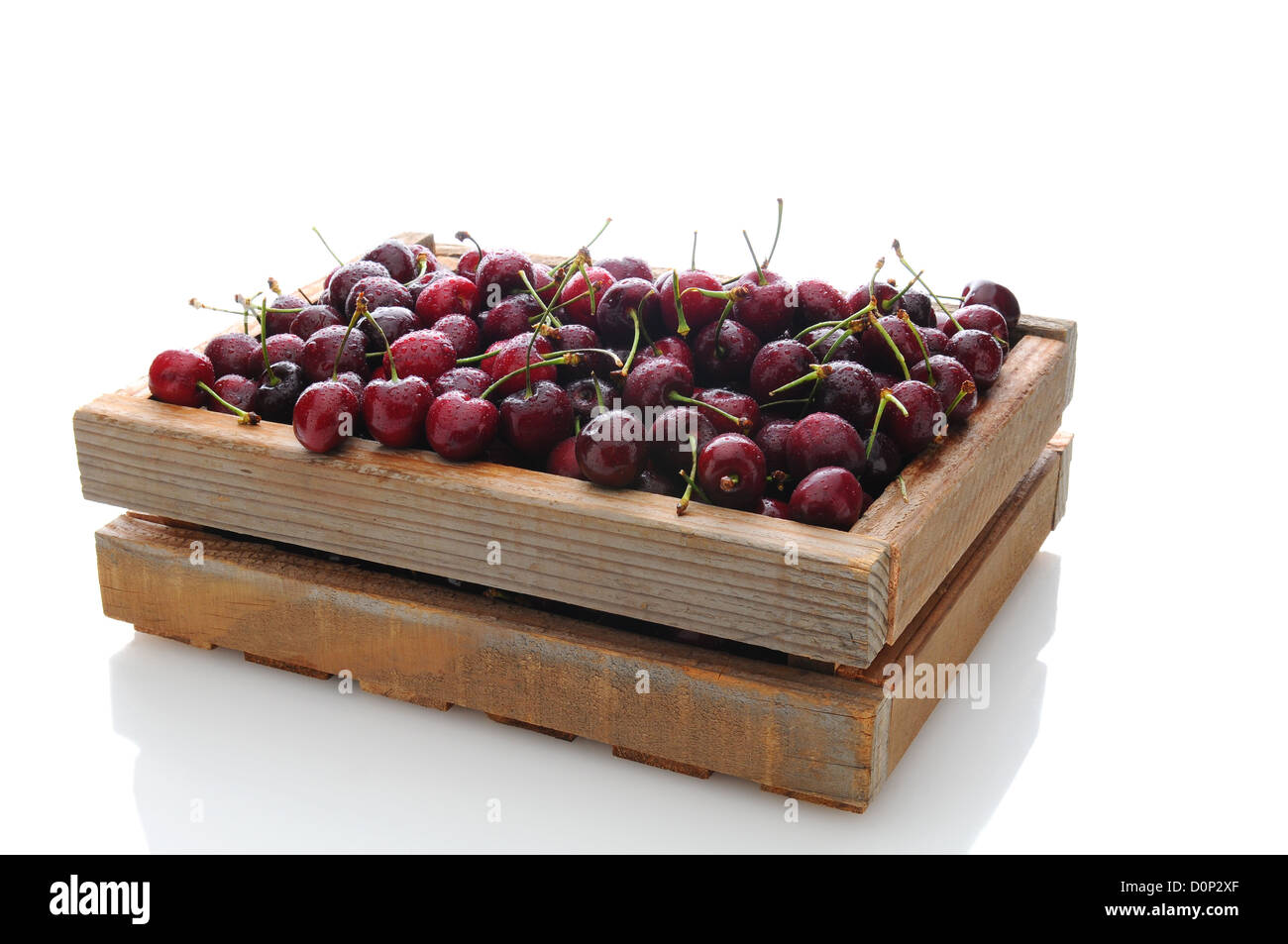A wooden crate filled with freshly picked cherries. Horizontal format ...