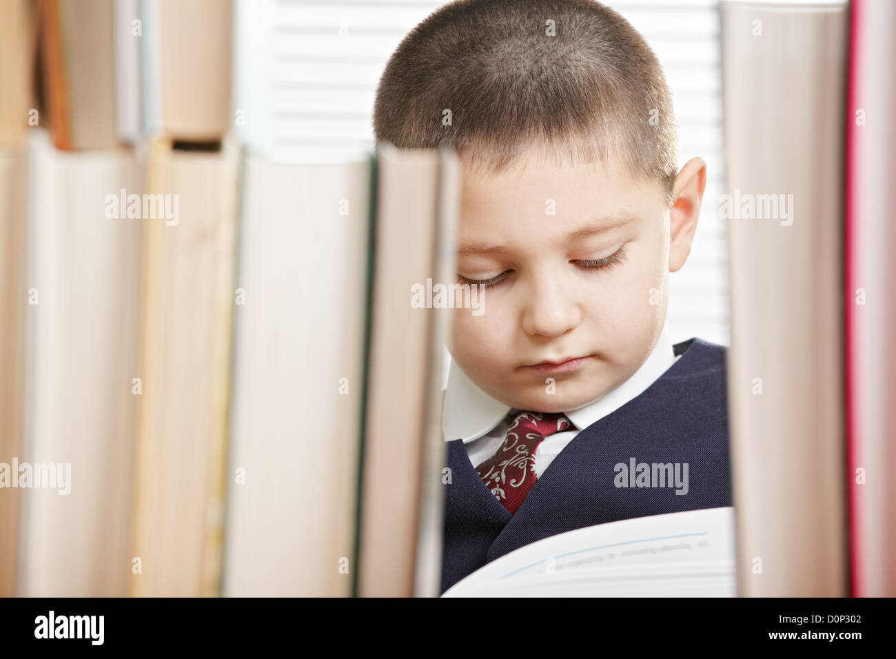 Schoolboy reading behind books Stock Photo - Alamy