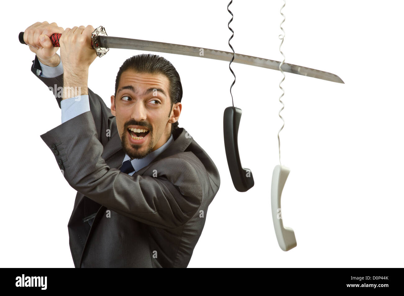 Angry businessman cutting the phone cable Stock Photo - Alamy