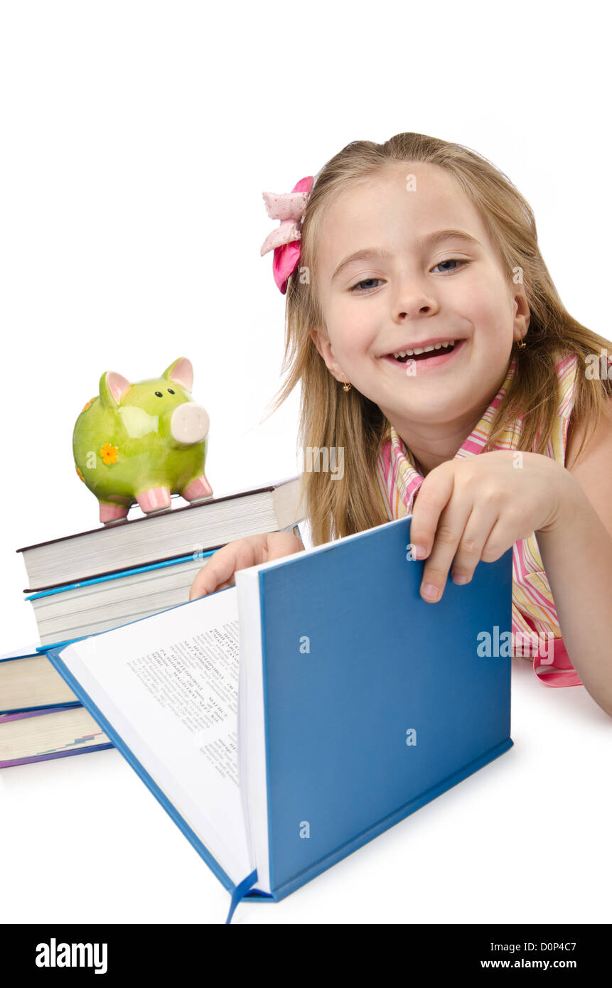 Little girl with books on white Stock Photo - Alamy