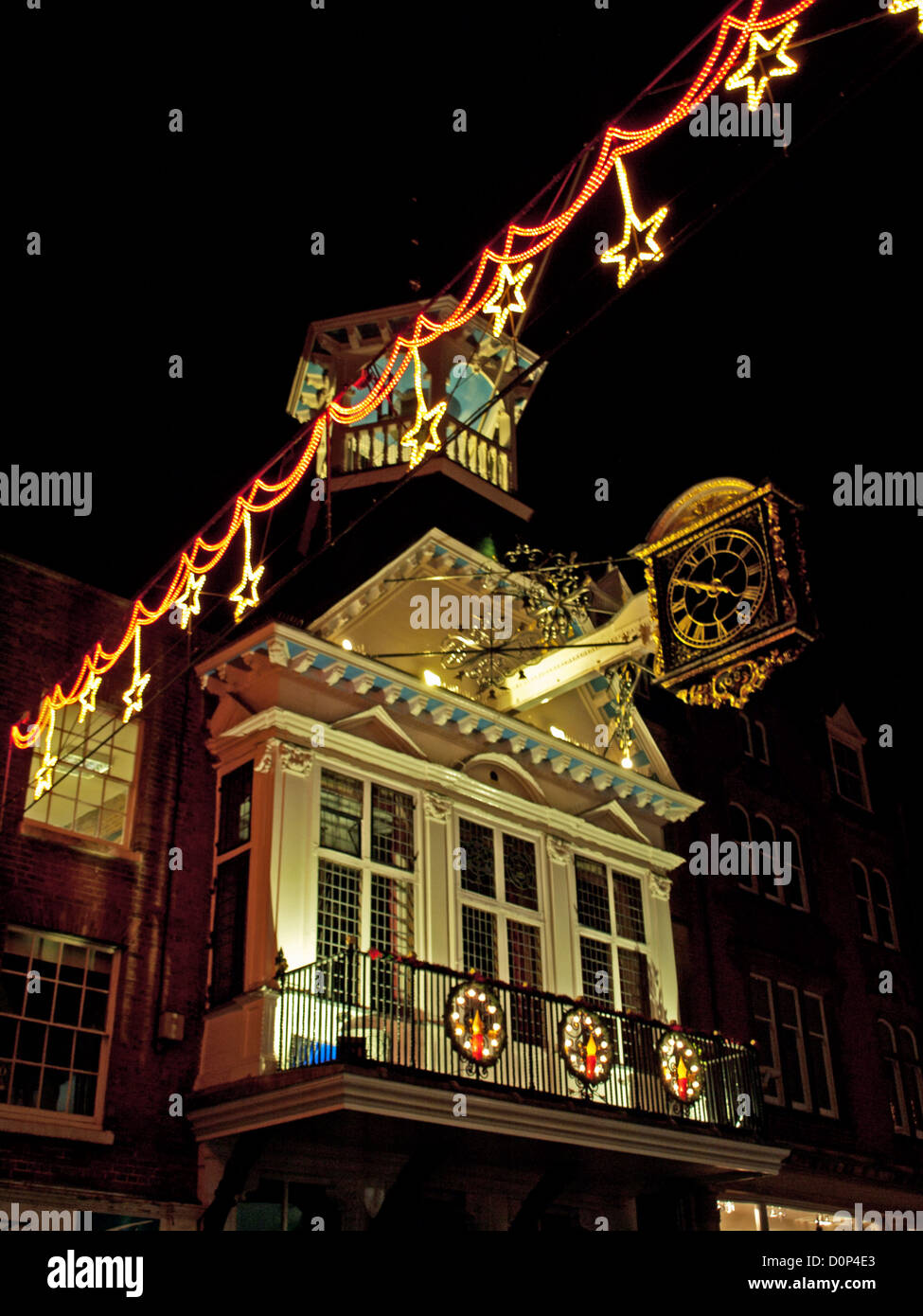 Guildford's landmark 17th Century clock at night showing Christmas ...