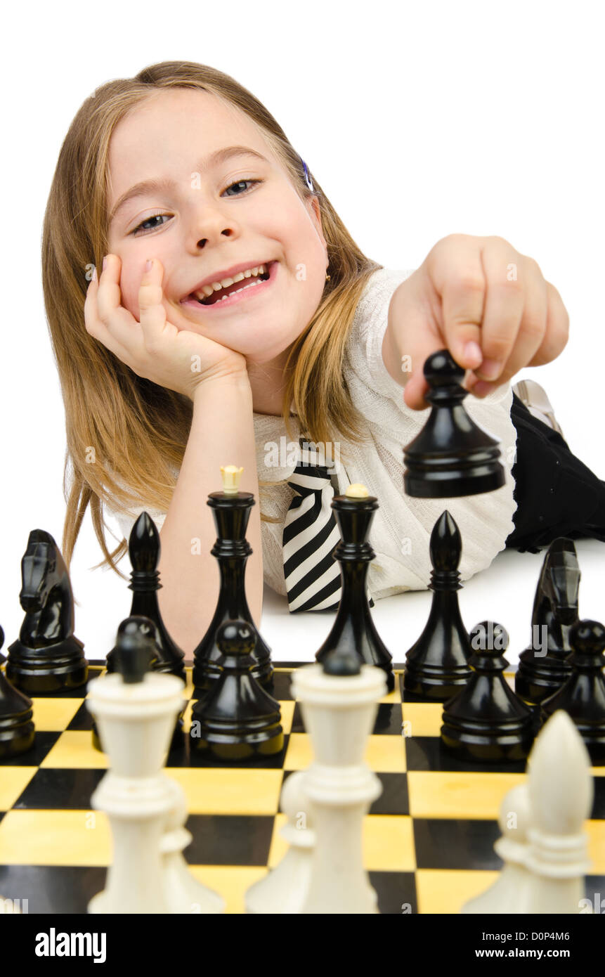 Cute girl playing chess on white Stock Photo - Alamy